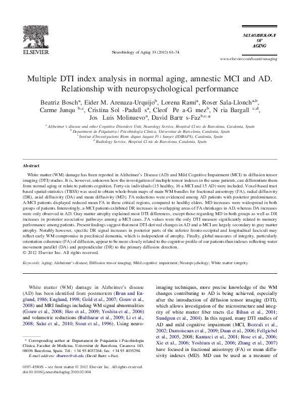 (PDF) Multiple DTI index analysis in normal aging, amnestic MCI and AD ...