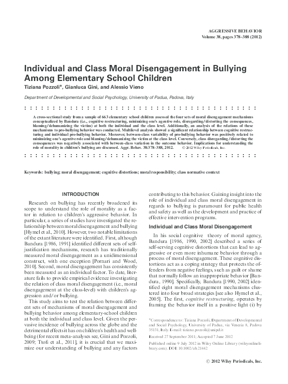 Individual and Class Moral Disengagement in Bullying Among Elementary ...