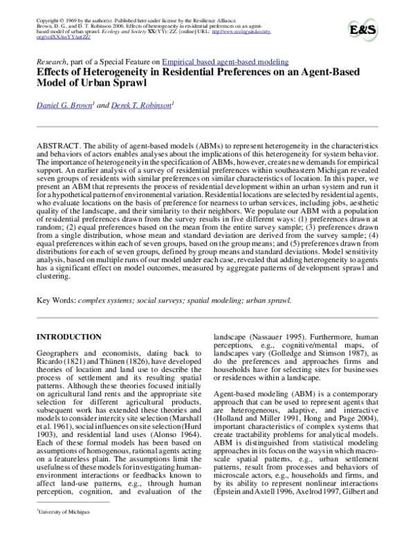 (PDF) Effects of heterogeneity in residential preferences on an agent-based model of urban sprawl