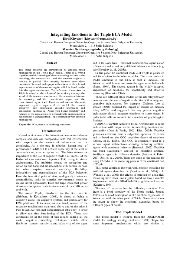 (PDF) Integrating emotions in the TRIPLE ECA model