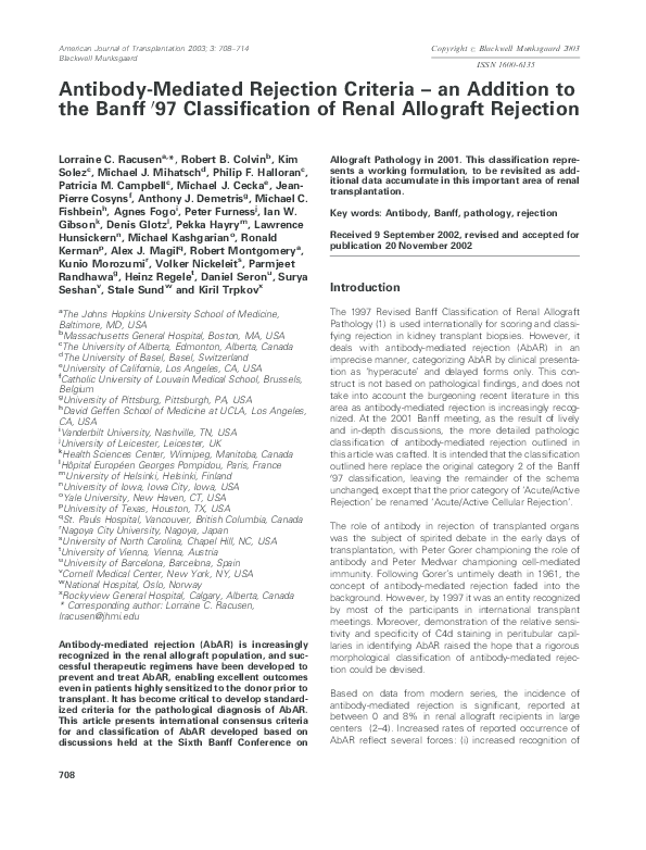 (PDF) Antibody‐Mediated Rejection Criteria–an Addition to the Banff′ 97 ...