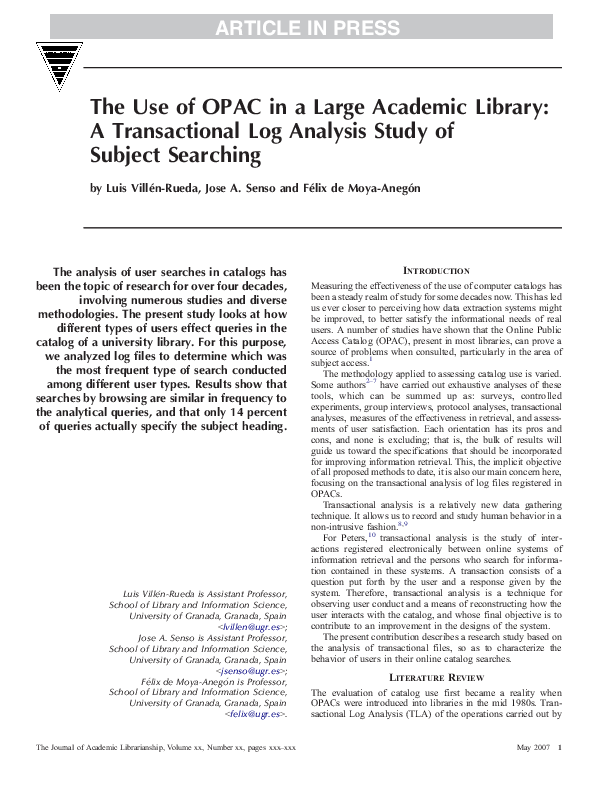 (PDF) The use of OPAC in a large academic library: a transactional log ...