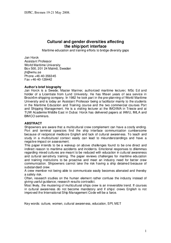 (PDF) Cultural and gender diversities affecting the ship/port interface