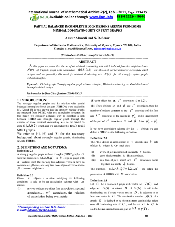 Pdf Partial Balanced Incomplete Block Designs Arising From Some Minimal Dominating Sets Of