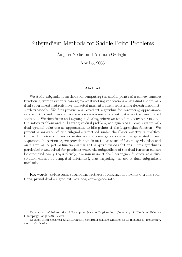 (PDF) Subgradient methods for saddle-point problems