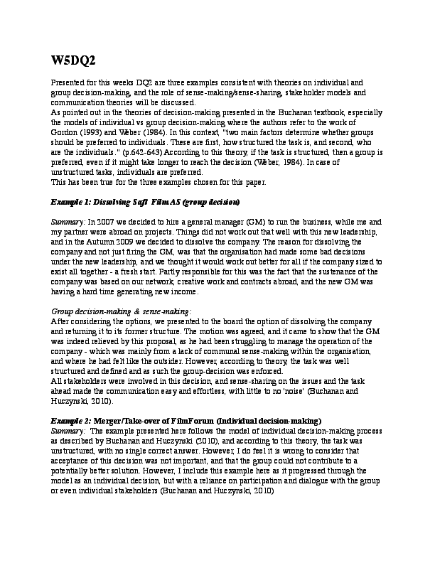 (PDF) Leadership: Individual vs Group Decision making (Discussion)