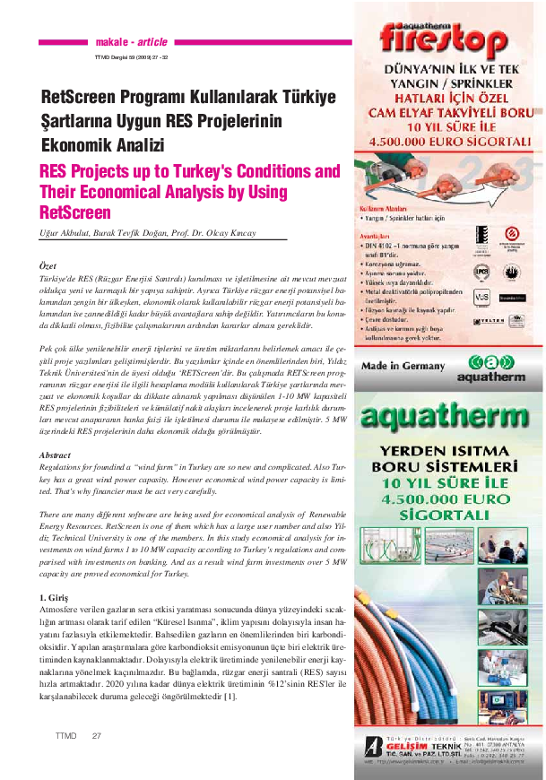 (PDF) RetScreen Programı Kullanılarak Türkiye Şartlarına Uygun RES ...