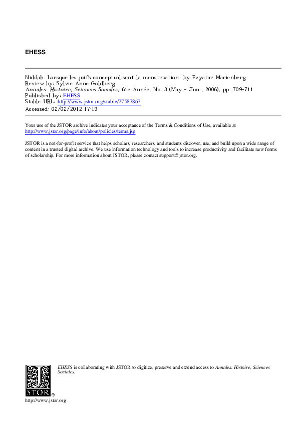 (PDF) Sylvie Anne Goldberg: Review of Marienberg, "Niddah. Lorsque les juifs conceptualisent la ...