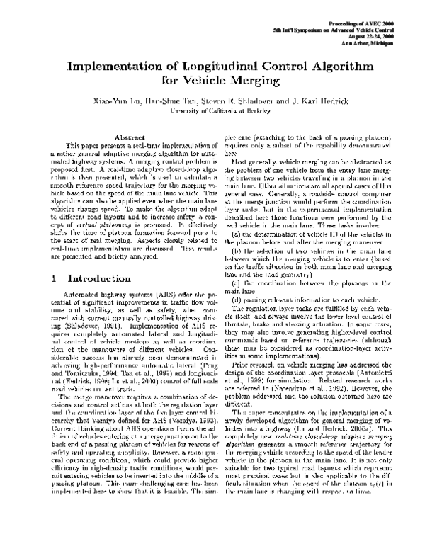 (PDF) Implementation of longitudinal control algorithm for vehicle merging