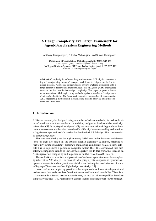 Pdf A Design Complexity Evaluation Framework For Agent Based System