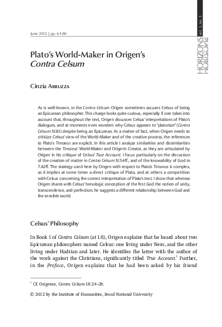 (PDF) Plato's World-Maker in Origen's Contra Celsum