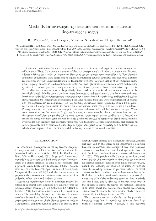 Pdf Methods For Investigating Measurement Error In Cetacean Line Transect Surveys