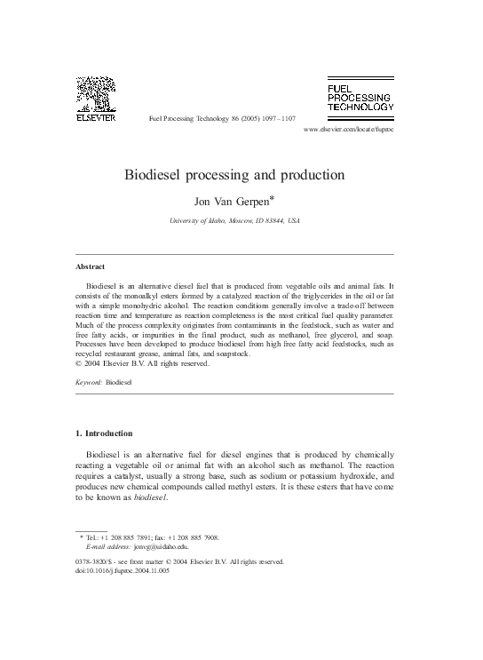 (PDF) Biodiesel processing and production