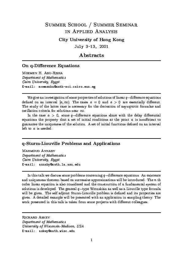 (PDF) Summer School/Summer Seminar in Applied Analysis