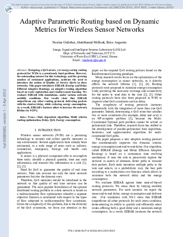(PDF) Adaptive Parametric Routing based on Dynamic Metrics for Wireless Sensor Networks