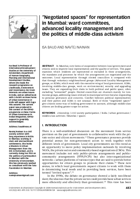 (PDF) “Negotiated spaces” for representation in Mumbai: ward committees ...