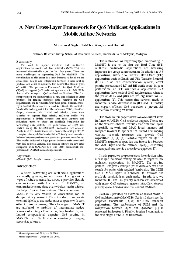 Pdf A New Cross Layer Framework For Qos Multicast Applications In Mobile Ad Hoc Networks
