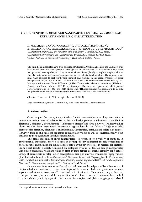 (PDF) Green synthesis of silver nanoparticles using Ocimum leaf extract and their characterization