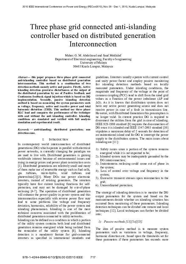 Pdf Three Phase Grid Connected Anti Islanding Controller Based On Distributed Generation