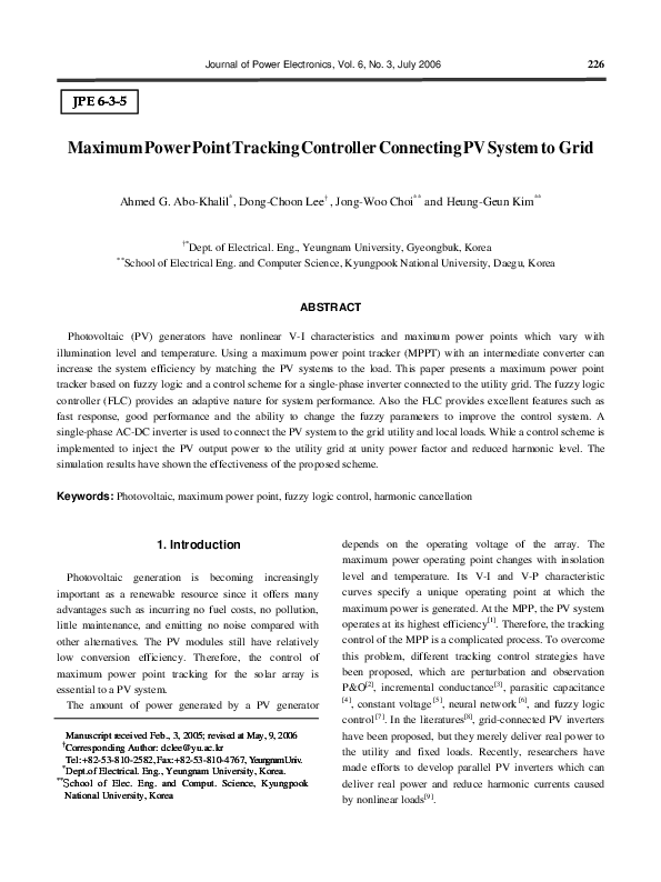 Pdf Maximum Power Point Tracking Controller Connecting Pv System To Grid