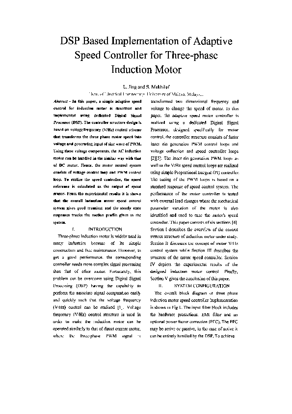 Pdf Dsp Based Implementation Of Adaptive Speed Controller For Three