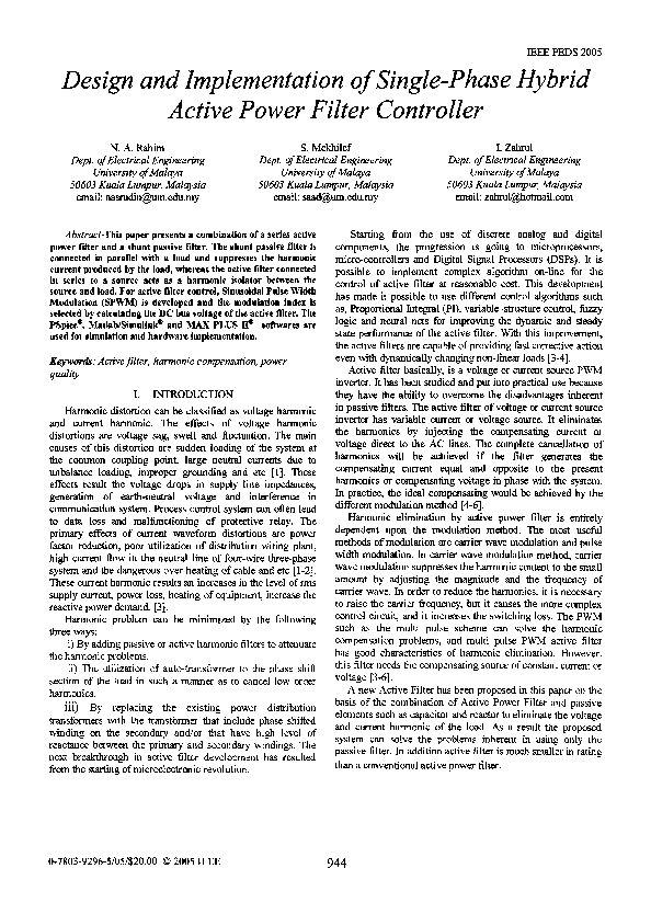(PDF) Design and implementation of single-phase hybrid active power filter controller