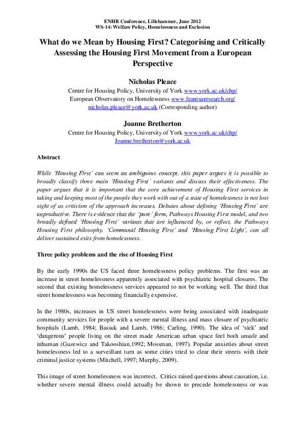 (PDF) What do we Mean by Housing First? Categorising and Critically ...