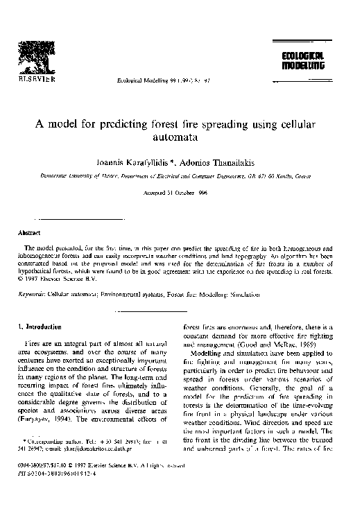 Pdf A Model For Predicting Forest Fire Spreading Using Cellular Automata