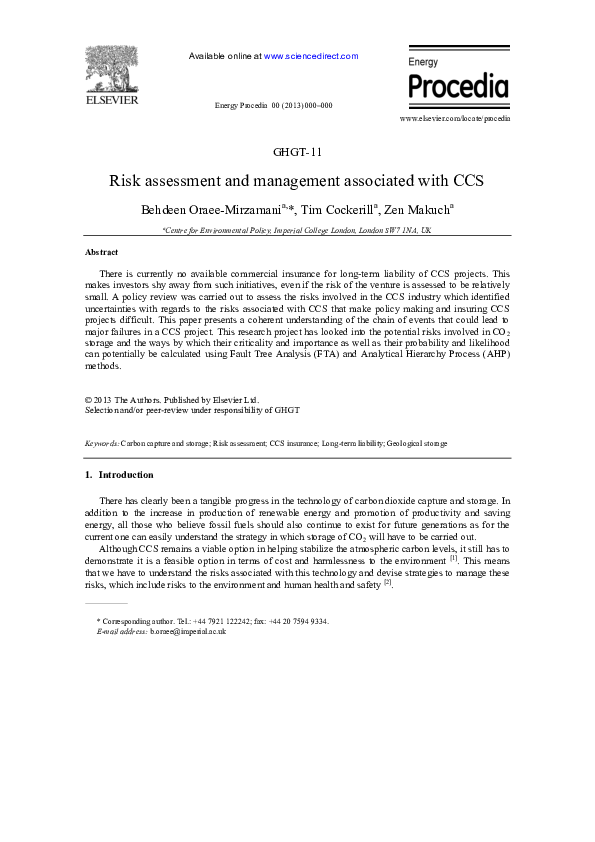 (PDF) Risk Assessment and Management Associated with CCS