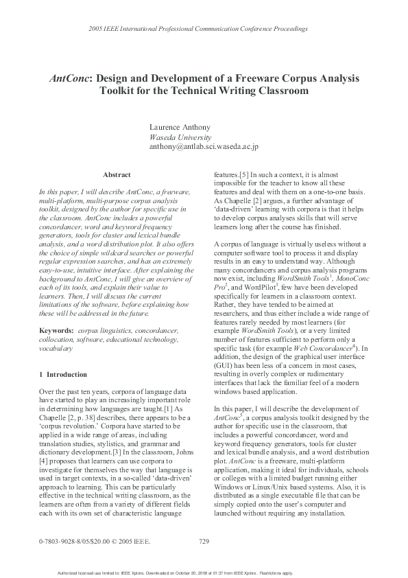 (PDF) AntConc: design and development of a freeware corpus analysis toolkit for the technical ...