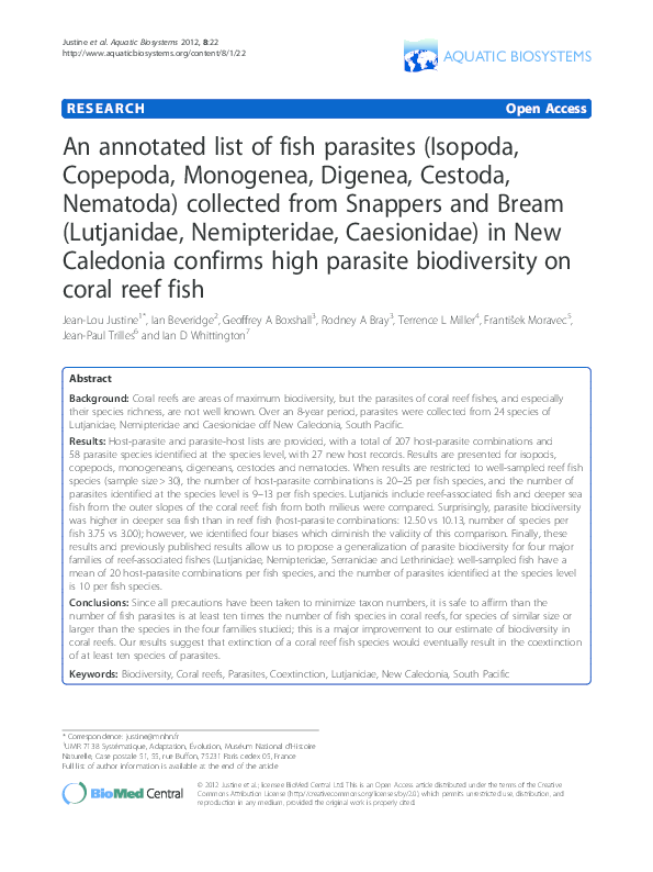 (PDF) An annotated list of fish parasites (Isopoda, Copepoda, Monogenea ...
