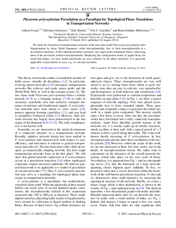 (PDF) Physarum polycephalum Percolation as a Paradigm for Topological Phase Transitions in ...