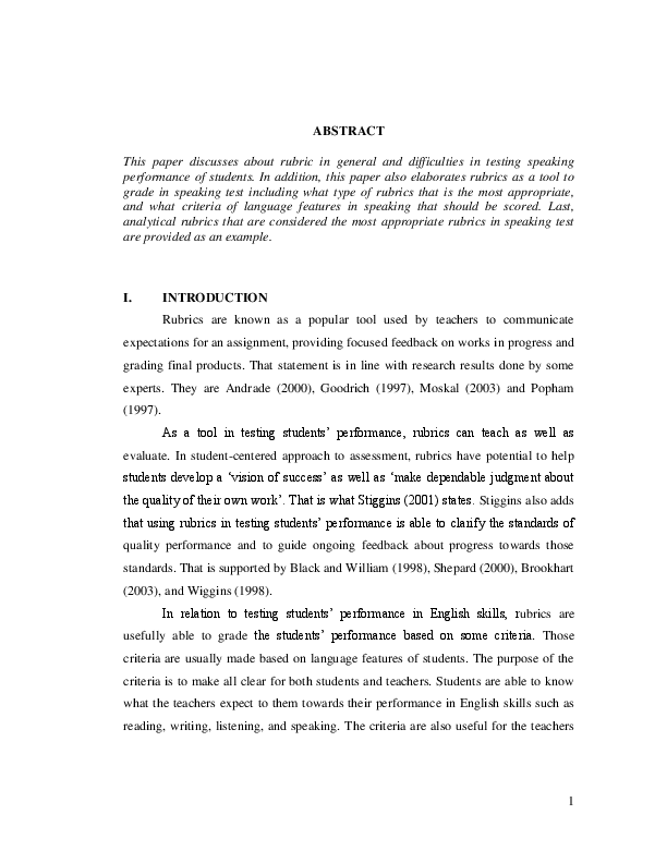 (DOC) USING RUBRICS TO TEST STUDENTS’ PERFORMANCE IN SPEAKING