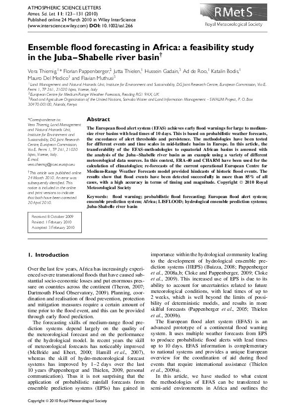 (PDF) Ensemble flood forecasting in Africa: a feasibility study in the Juba Shabelle river basin