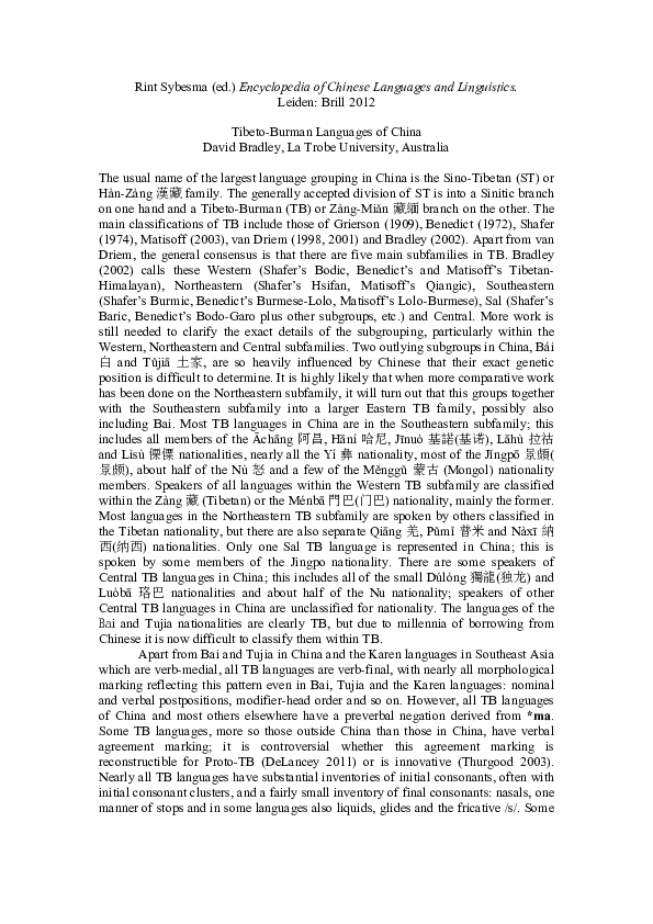 (PDF) Tibeto-Burman languages of China