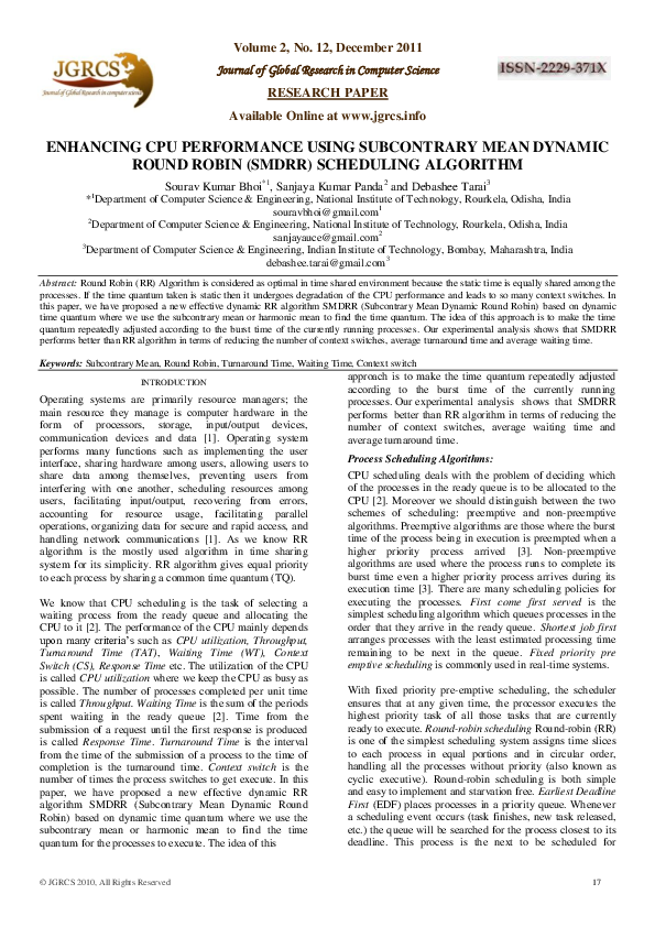 Pdf Enhancing Cpu Performance Using Subcontrary Mean Dynamic Round Robin Smdrr Scheduling