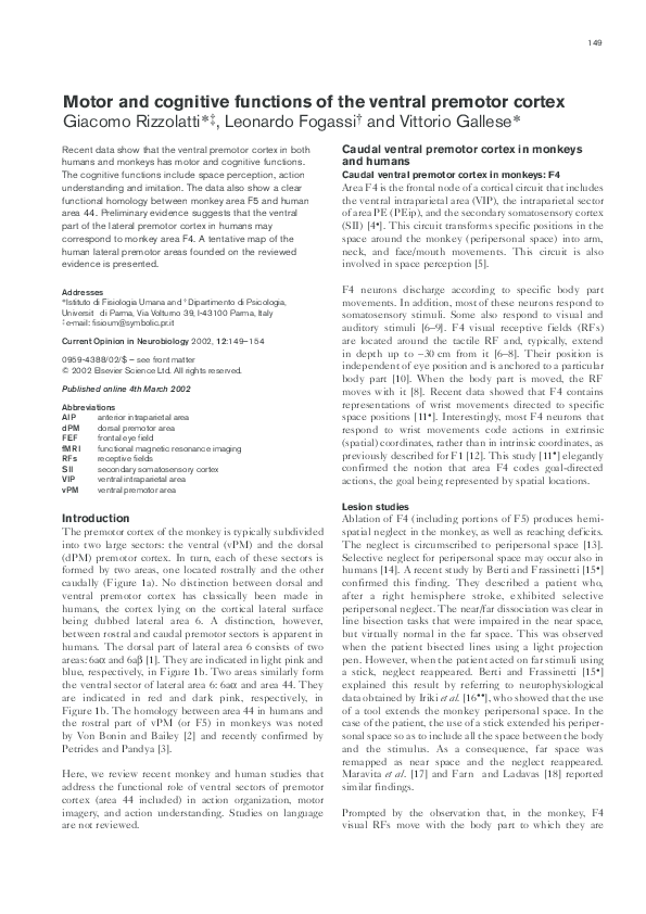 (PDF) Motor and cognitive functions of the ventral premotor cortex