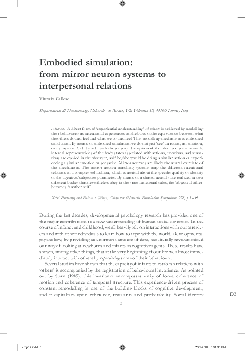 (PDF) Embodied simulation: from mirror neuron systems to interpersonal ...