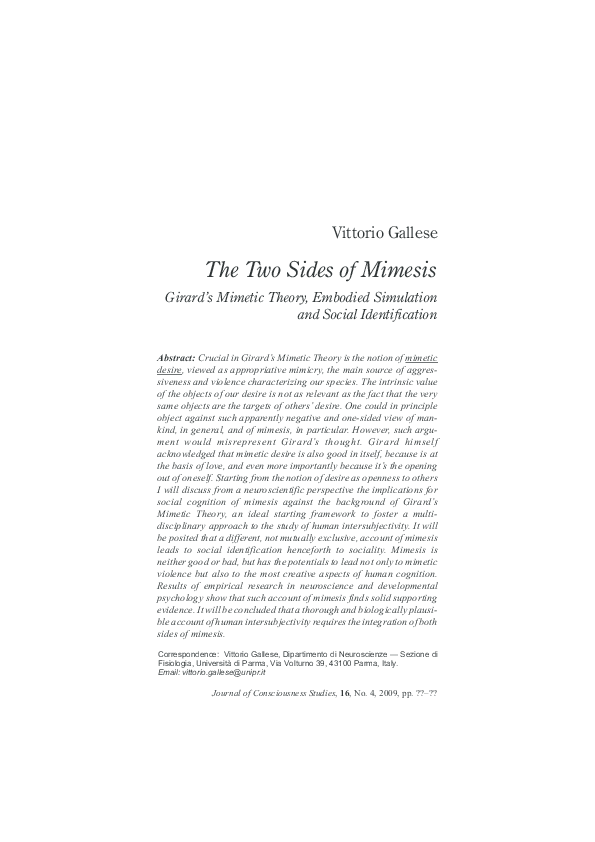 (PDF) The Two Sides of Mimesis: Girards Mimetic Theory, Embodied ...