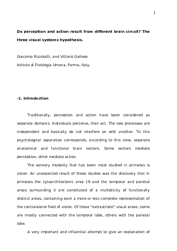 (DOC) Do perception and action result from different brain circuits ...