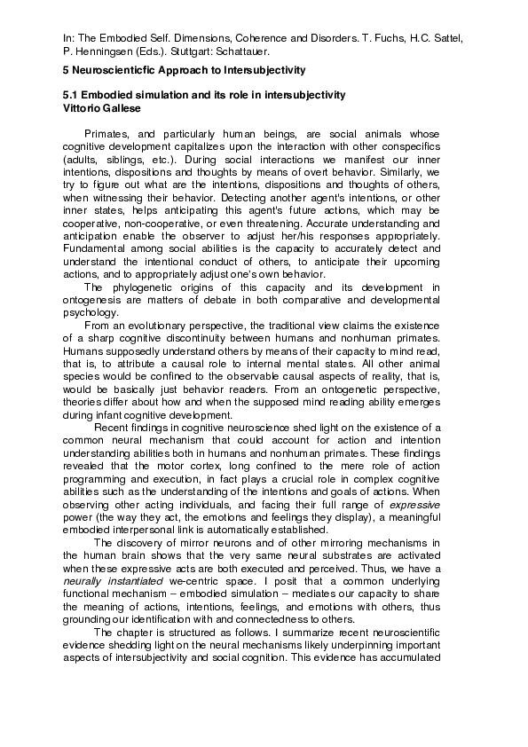 (PDF) 5.1 Embodied simulation and its role in intersubjectivity