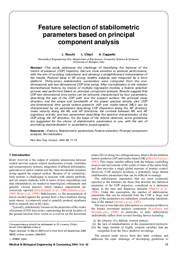 Feature selection of stabilometric parameters based on principal component analysis
