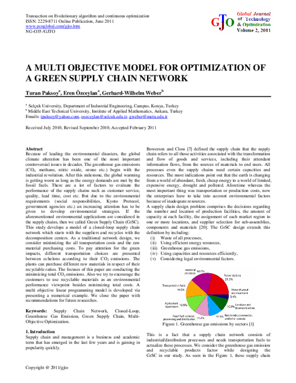 Pdf A Multi Objective Model For Optimization Of A Green Supply Chain Network