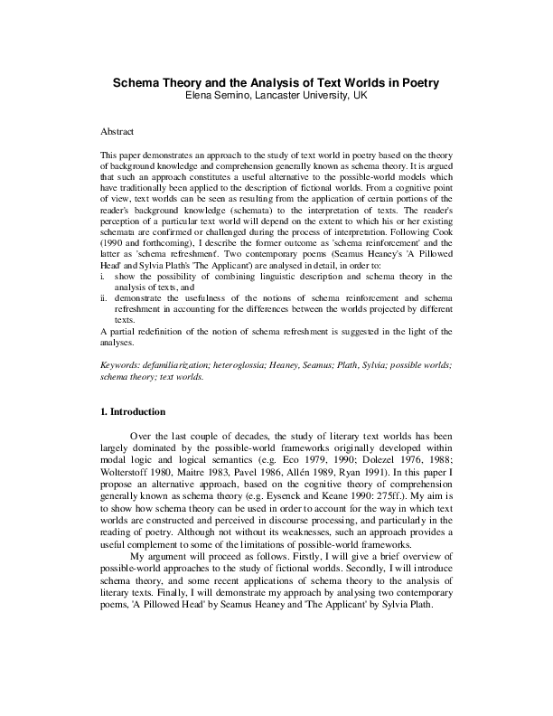 (PDF) Schema theory and the analysis of text worlds in poetry