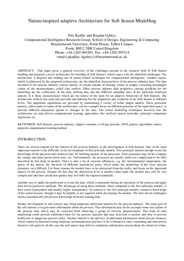 (PDF) Nature-inspired adaptive Architecture for Soft Sensor Modelling