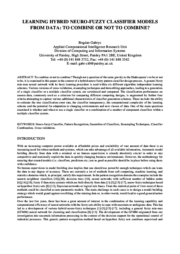 Pdf Learning Hybrid Neuro Fuzzy Classifier Models From Data To