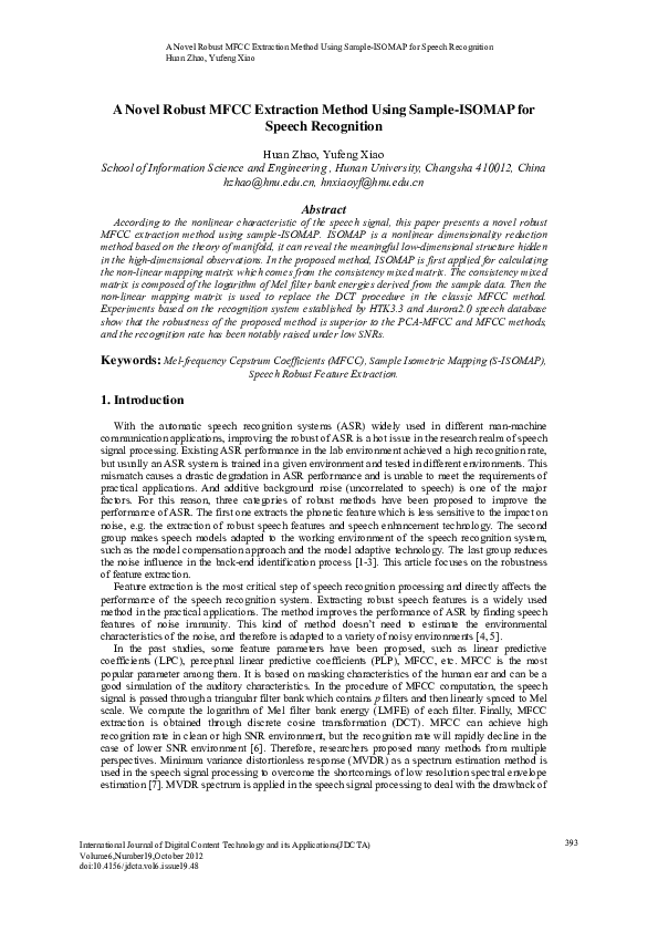 (PDF) A Novel Robust MFCC Extraction Method Using Sample-ISOMAP for Speech Recognition
