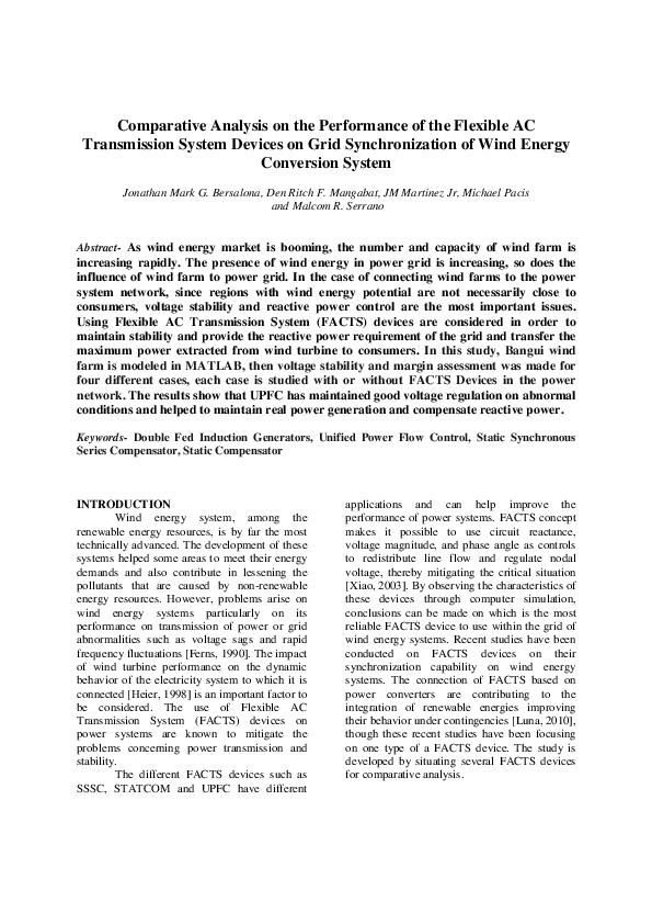 Pdf Comparative Analysis In The Performance Of The Facts Devices On Grid Synchronization Of Wecs