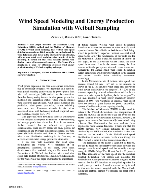 Pdf Wind Speed Modeling And Energy Production Simulation With Weibull