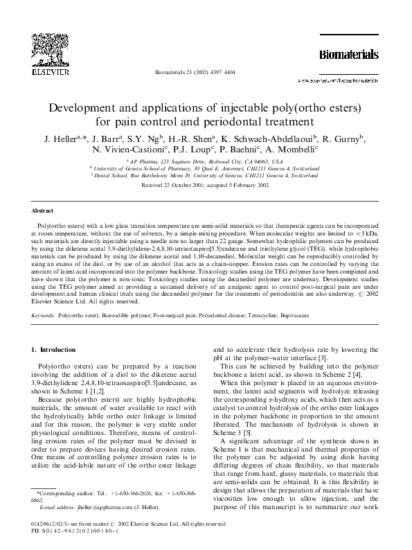 (PDF) Development and applications of injectable poly (ortho esters ...